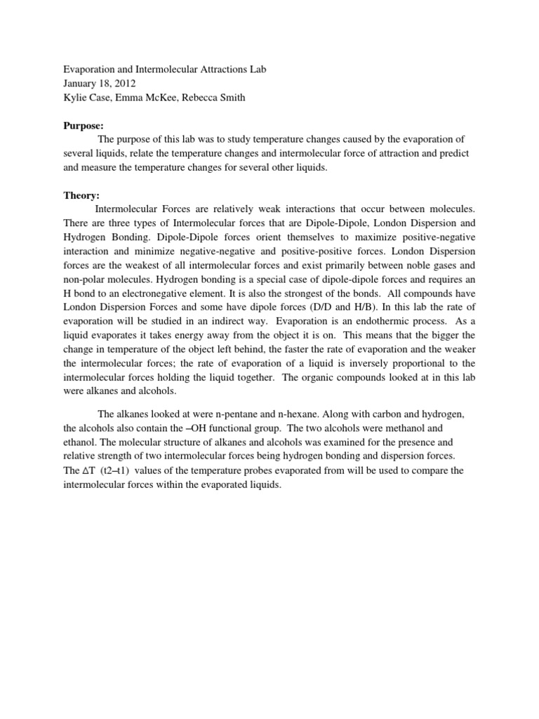 Intermolecular Forces and Evaporation Lab | PDF | Intermolecular Force ...