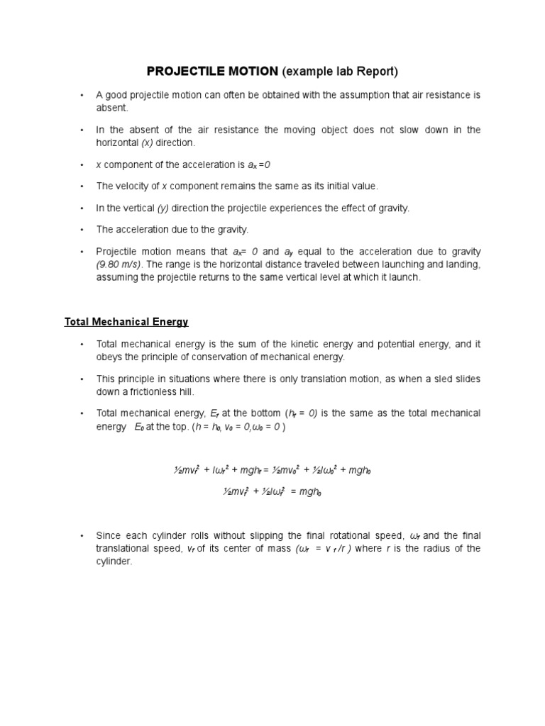 PROJECTILE MOTION (Example Lab Report) : Total Mechanical Energy | PDF ...