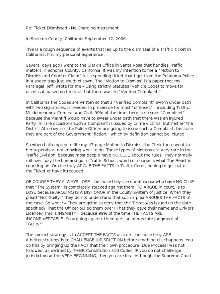 Ticket Dismissed - No Charging Instrumentismissed - No Charging ...