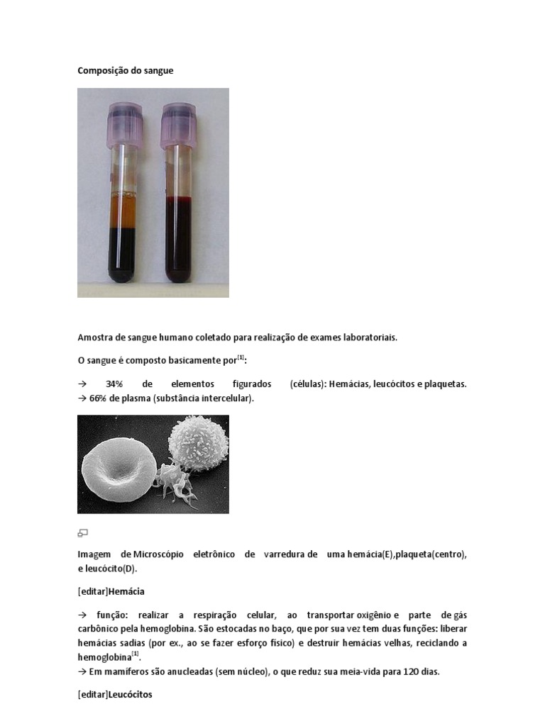 Composição Do Sangue PDF | PDF | Sangue | Histologia