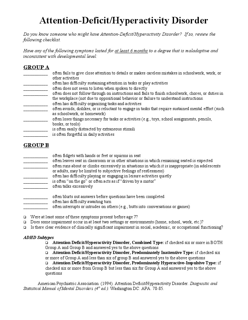 Adhd Criteria Checklist | PDF | Medical Ethics | Attention Deficit ...