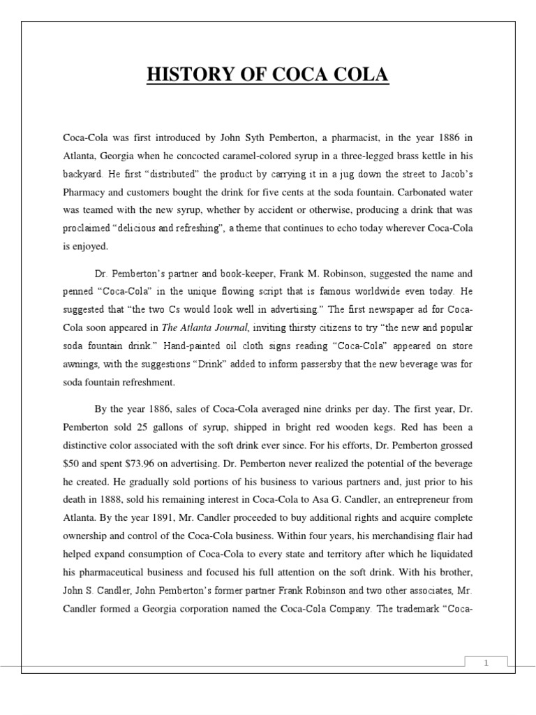 History of Coca Cola | PDF | Coca Cola | The Coca Cola Company