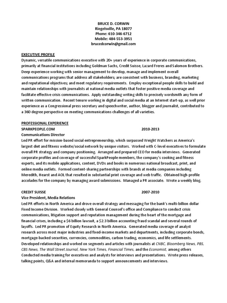 Communications Director PR Media Relations in New York NY Resume Bruce ...