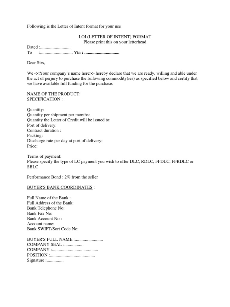 LOI Format | Letter Of Credit | Banks