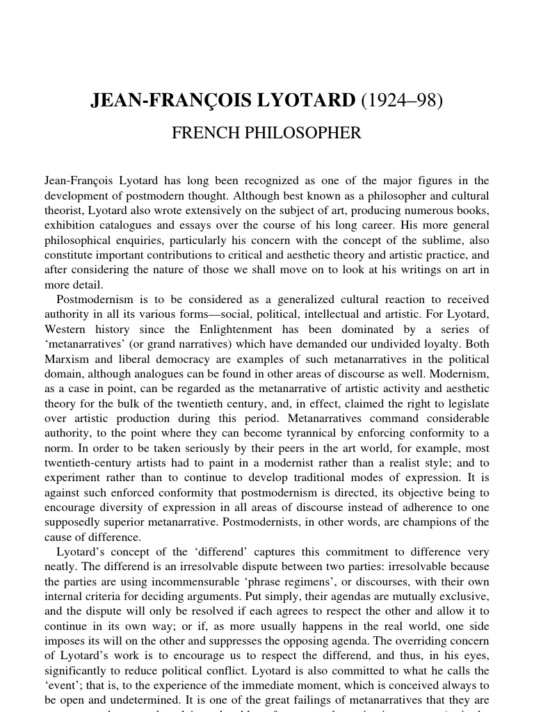 JEAN-FRANÇOIS LYOTARD | Jean François Lyotard | Postmodernism