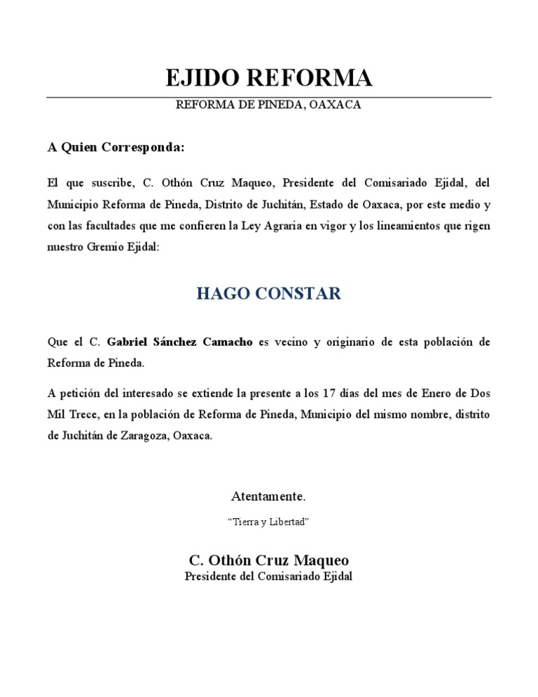 EJIDO REFORMA - Constancia de Origen y Vecindad | PDF EJIDO REFORMA - Constancia de Origen y Vecindad | PDF