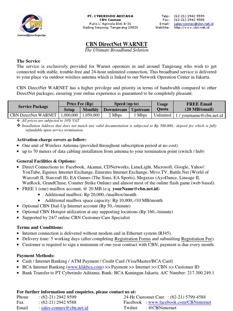 CBN DirectNet WARNET Pricing and Details | PDF | Internet Access ...