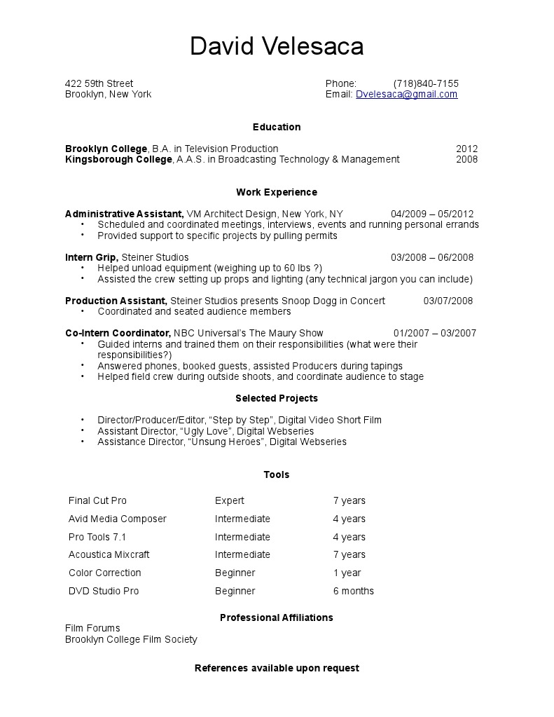 David Velesaca: Media Production Resume | PDF