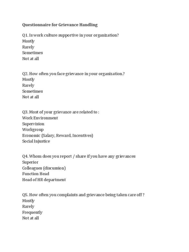 Grievance Handling Questionnaire | PDF