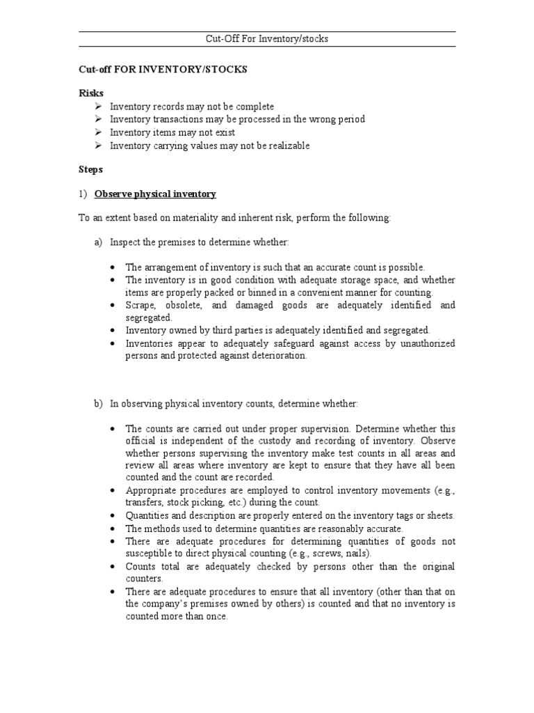 Cut-Off For Inventory/Stocks Risks | PDF | Inventory | Debits And Credits