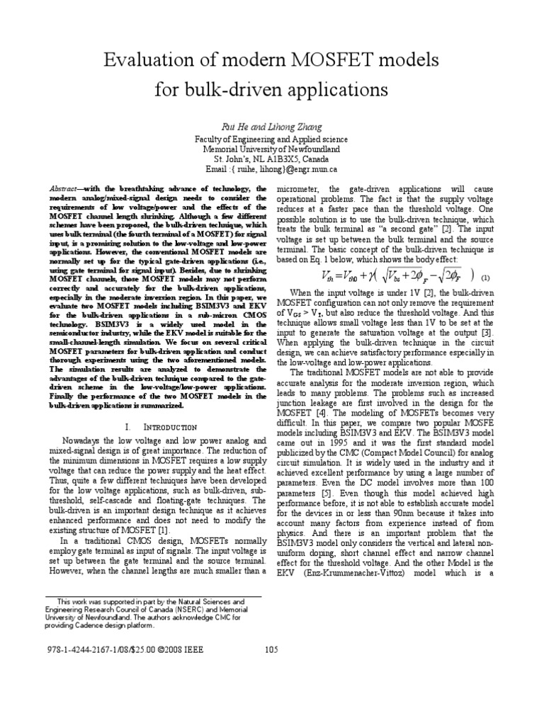 Evaluation of Modern MOSFET Models For Bulk-Driven Applications | PDF ...