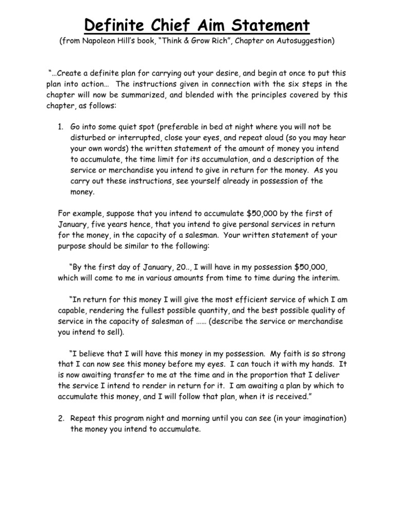 Napoleon Hill - Chief Aim Statement - 2 Páginas | PDF | Psychological ...