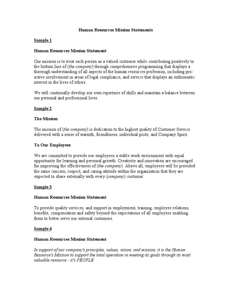Sample HR Mission Statements | PDF | Human Resources | Employment