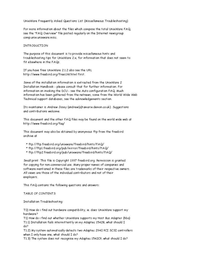 UnixWare Frequently Asked Questions List | PDF | Booting | Bios