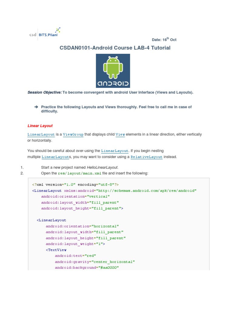 CSDAN0101-Android Course LAB-4 Tutorial: Date: 16 Oct | PDF | Xml | Android (Operating System)