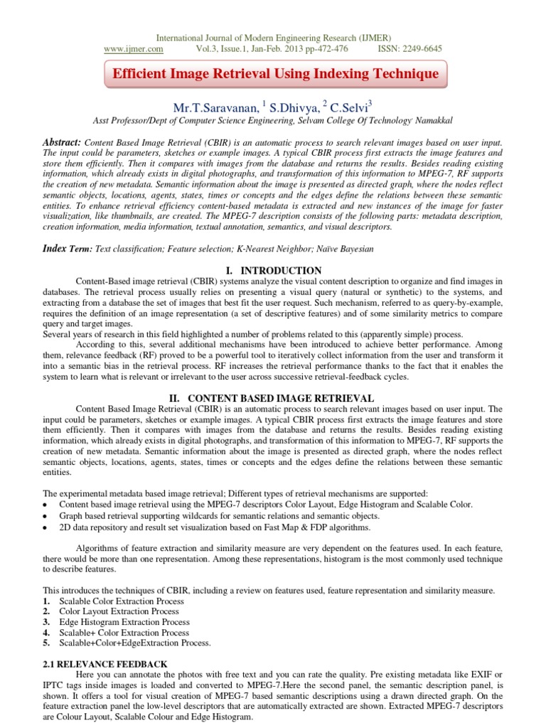 Efficient Image Retrieval Using Indexing Technique: Mr.T.Saravanan, S ...