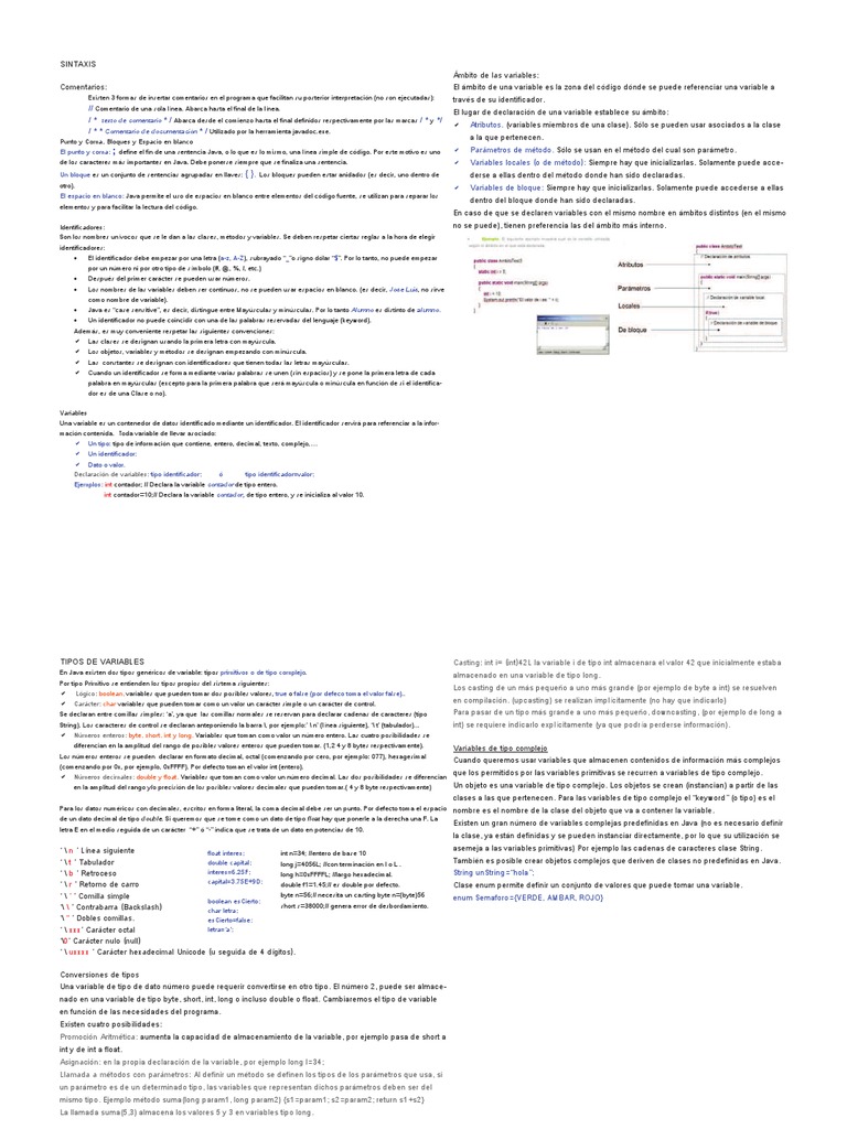 Esquema Java | PDF | Java (lenguaje de programación) | Variable (informática)