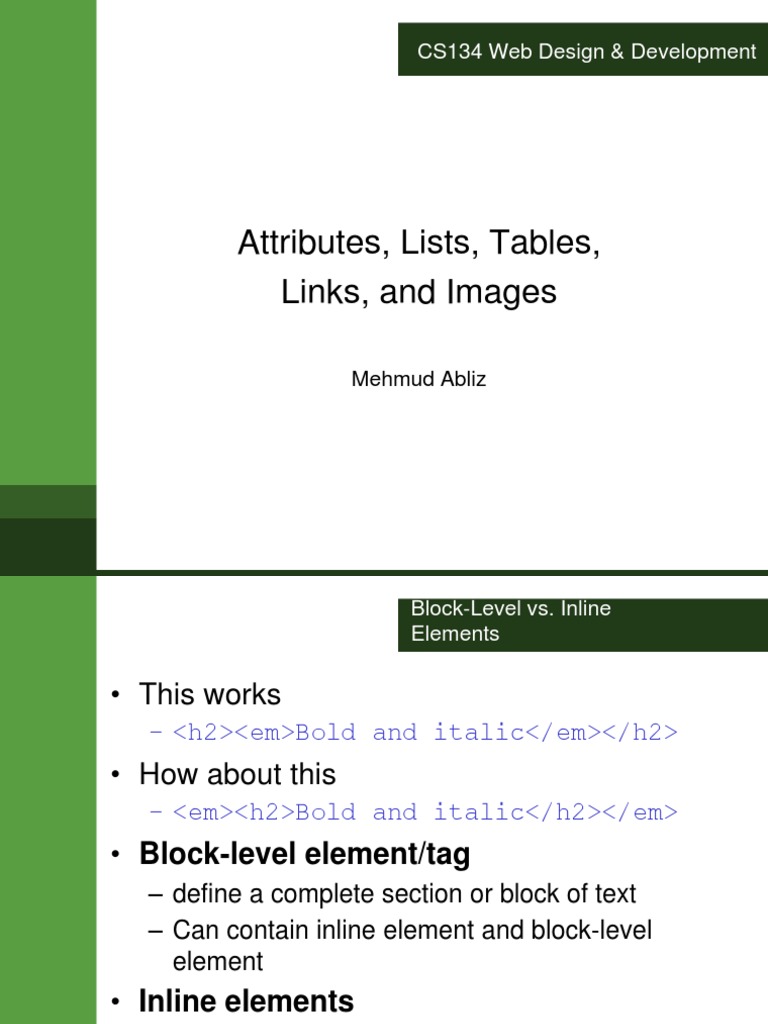 Attributes, Lists, Tables, Links, and Images: CS134 Web Design ...