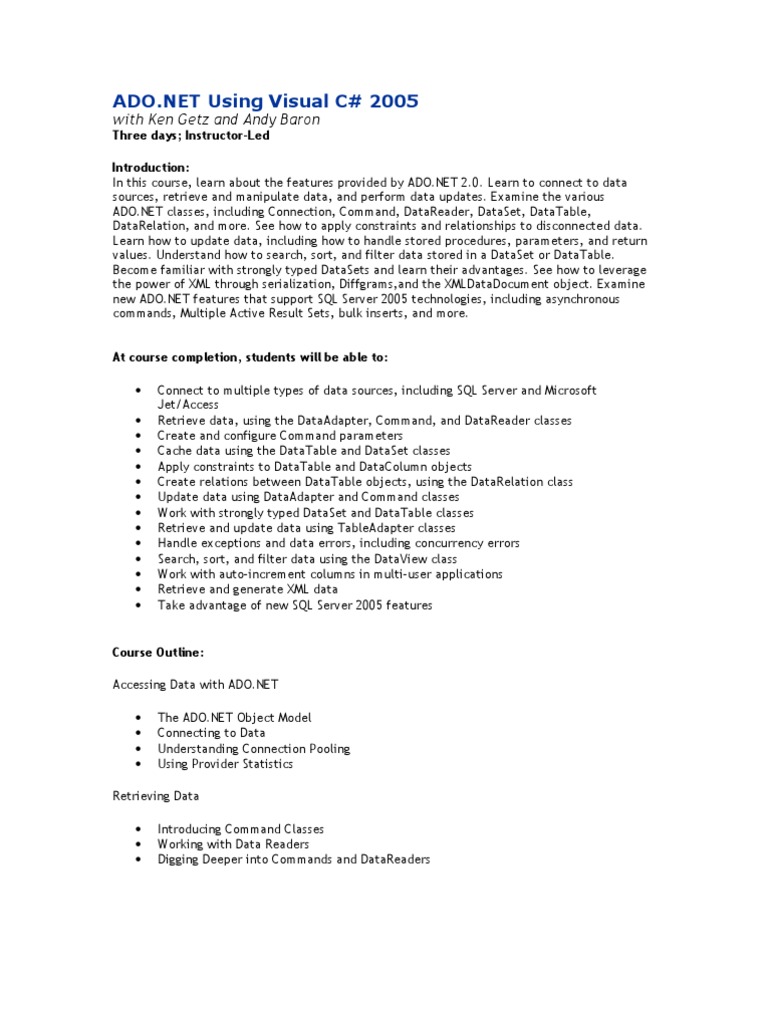 Adonet Csharp Pdf Microsoft Sql Server Xml