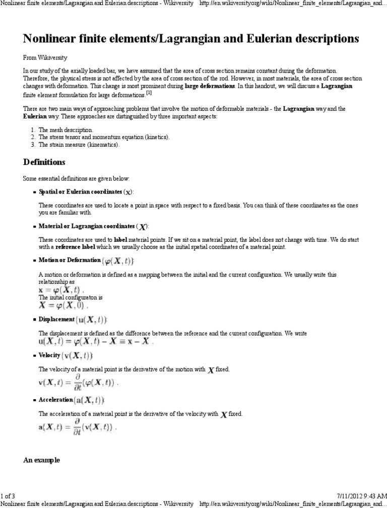 Nonlinear Finite Elements - Lagrangian and Eulerian Descriptions - Wikiversity | PDF | Continuum ...