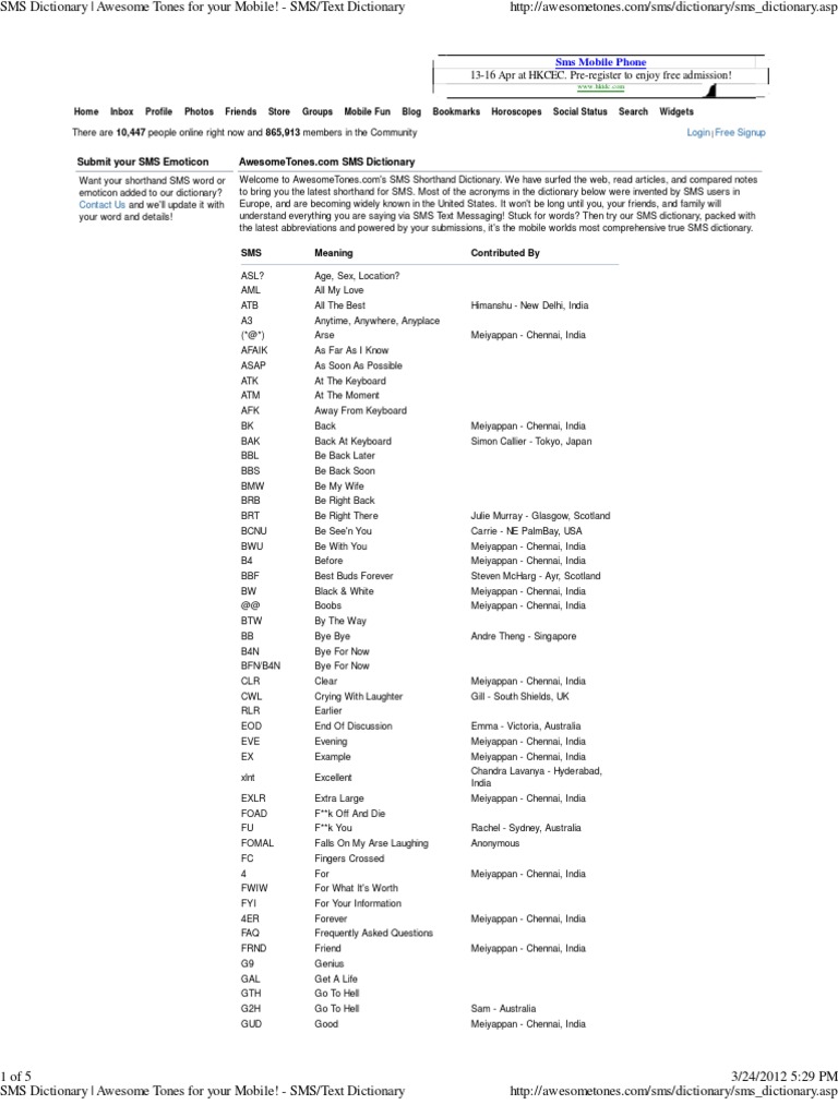 SMS Dictionary | PDF | Text Messaging | Mobile Telecommunications