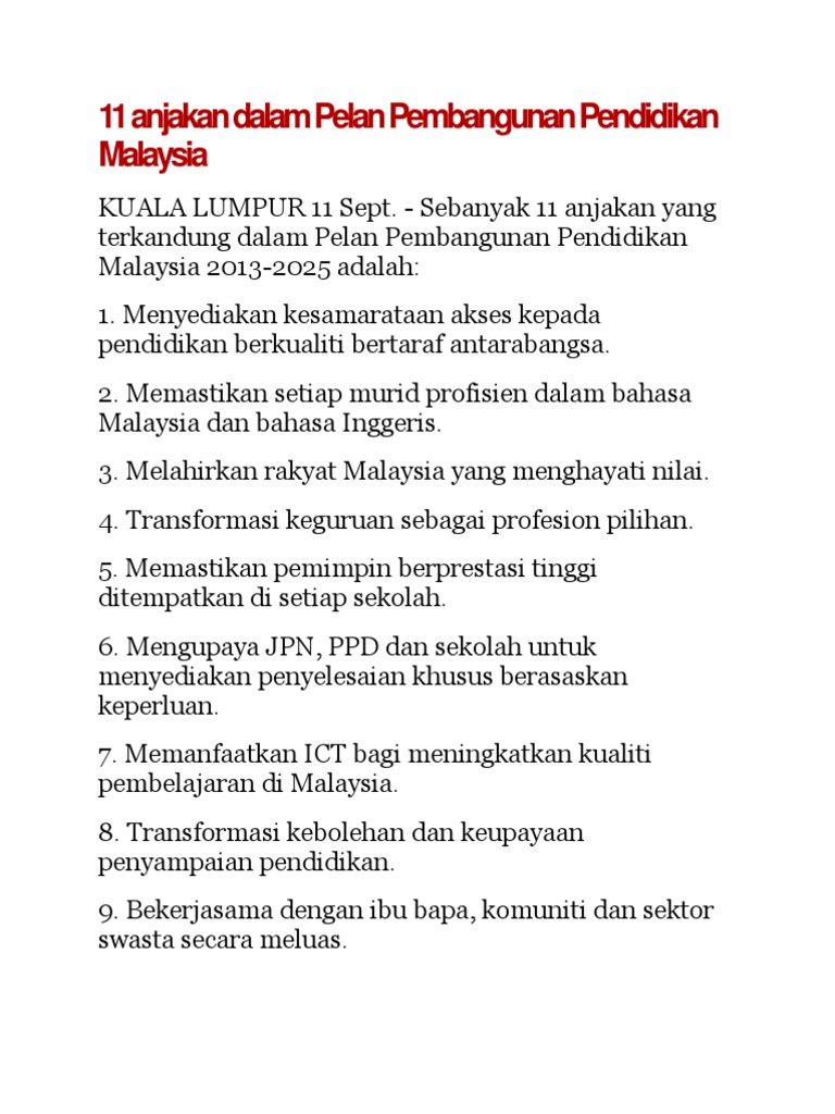 11 Anjakan Dalam Pelan Pembangunan Pendidikan Malaysia | PDF