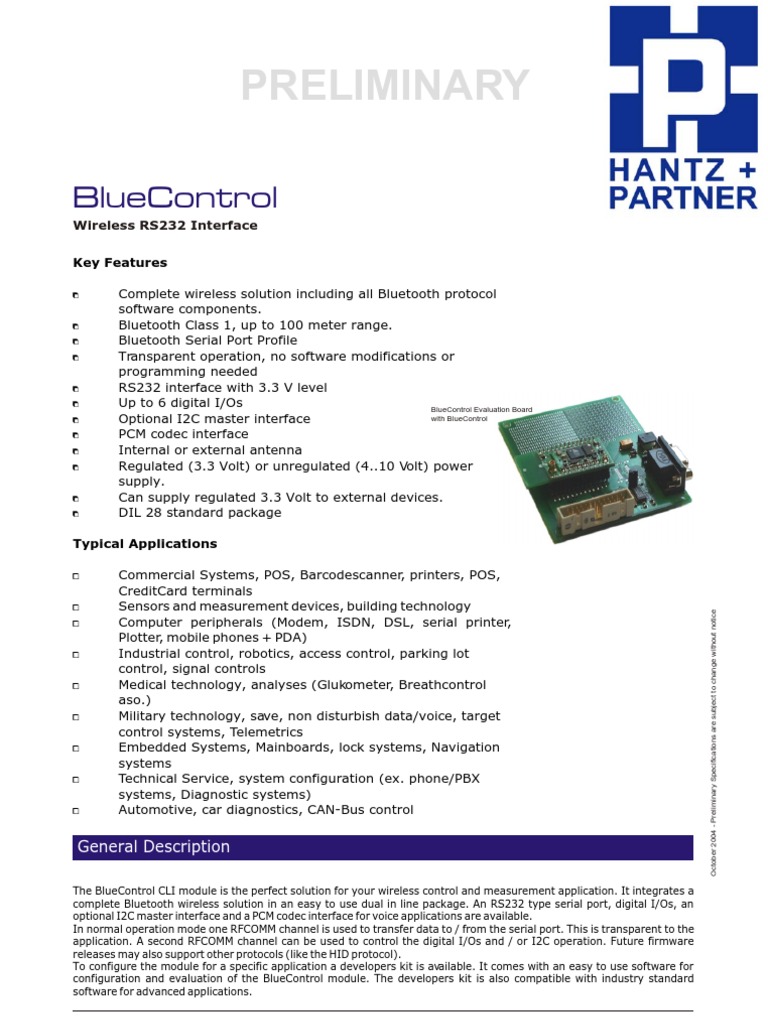 BlueControl Datasheet | PDF | Bluetooth | Interface (Computing)