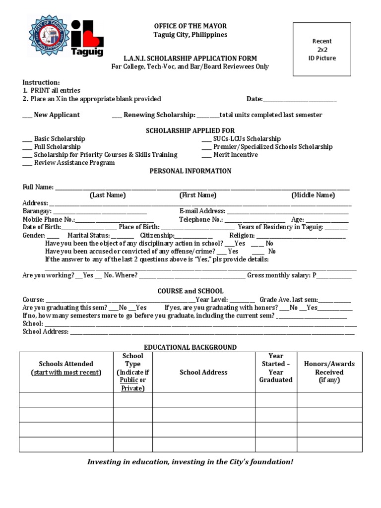 LANI Scholarship Application Form-College & Board Takers-Rev.1.4.13 | PDF | Government | Social ...