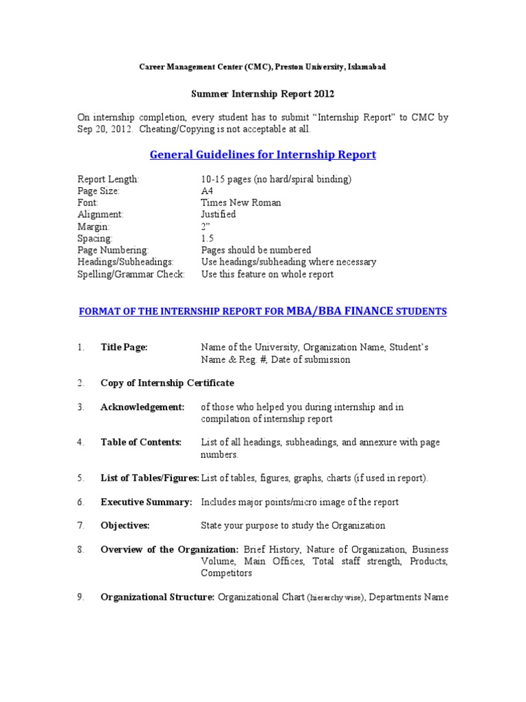 FINANCE Internship Report Guidelines MBA BBA | PDF | Internship | Job ...