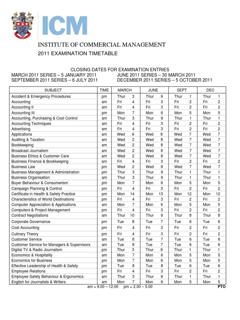 2011 ICM Examination Timetable PDF | PDF | Strategic Management ...