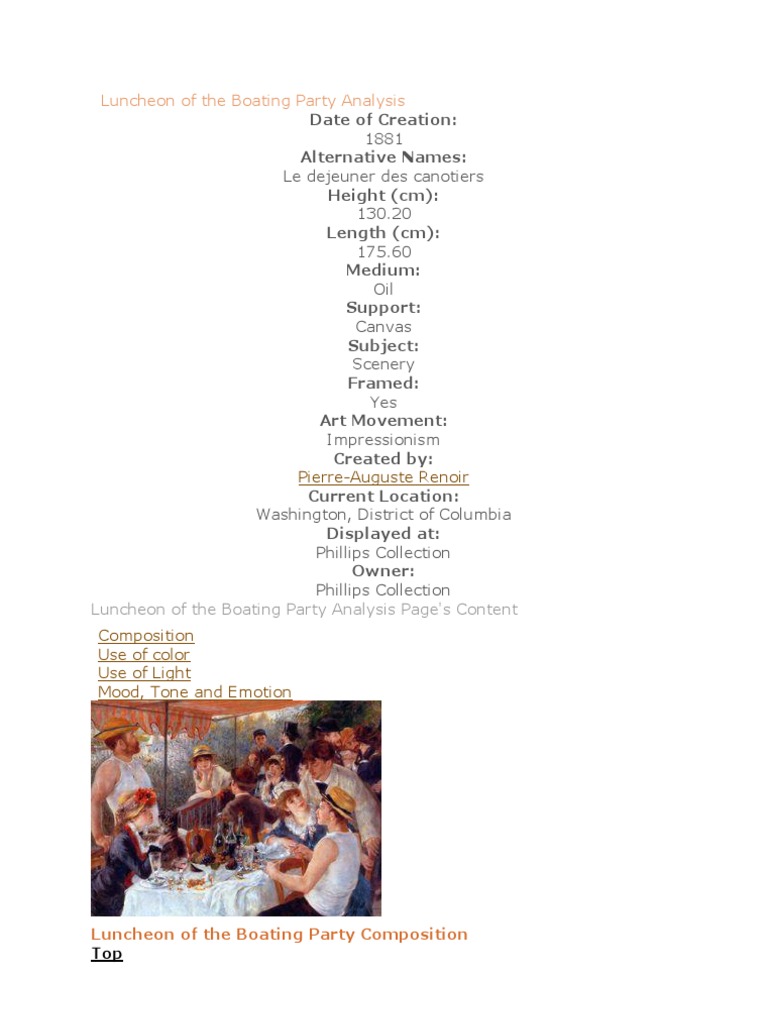 Luncheon of The Boating Party Analysis | PDF | Pierre Auguste Renoir ...