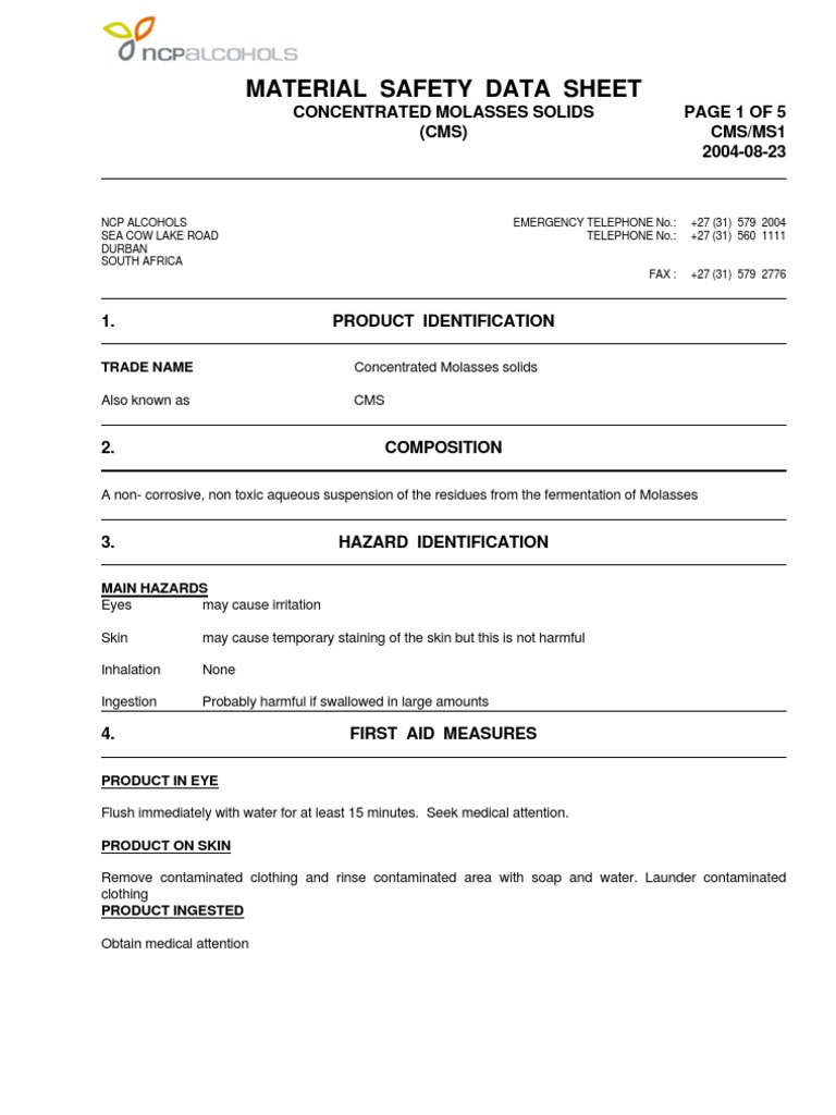 MSDS Concentrated Molasses Solids | Environmental Science | Chemistry