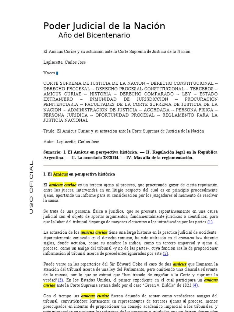 El Amicus Curiae y su actuación ante la Corte Suprema de Jus | Amicus ...