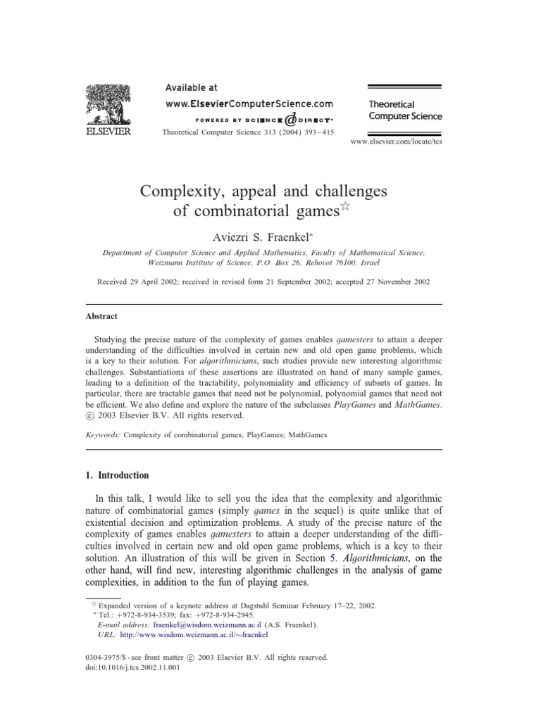 Complexity, Appeal and Challenges of Combinatorial Games | PDF | Time Complexity | Computational ...
