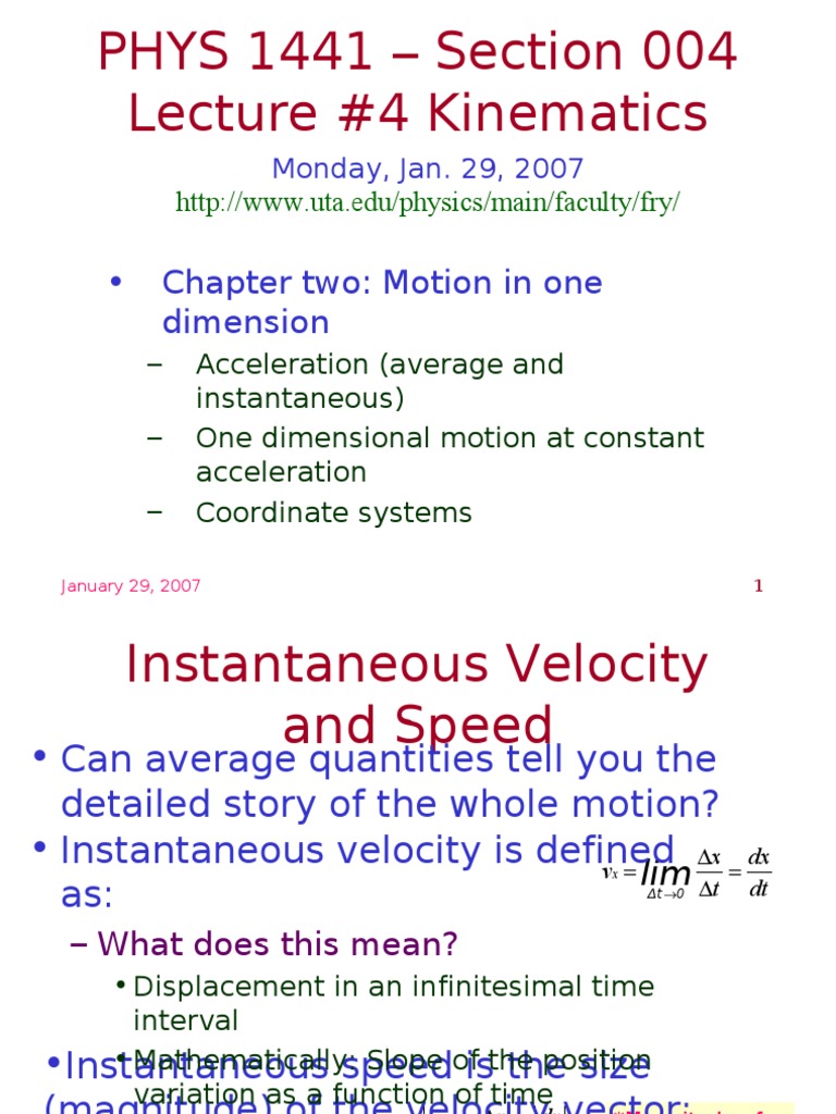 PHYS 1441 - Section 004 Lecture #4 Kinematics: - Chapter Two: Motion in One Dimension | PDF ...