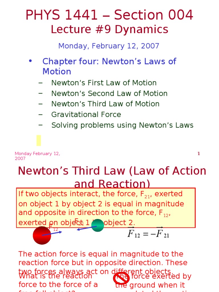 Lecture #9 Dynamics: PHYS 1441 - Section 004 | PDF | Force | Gravity