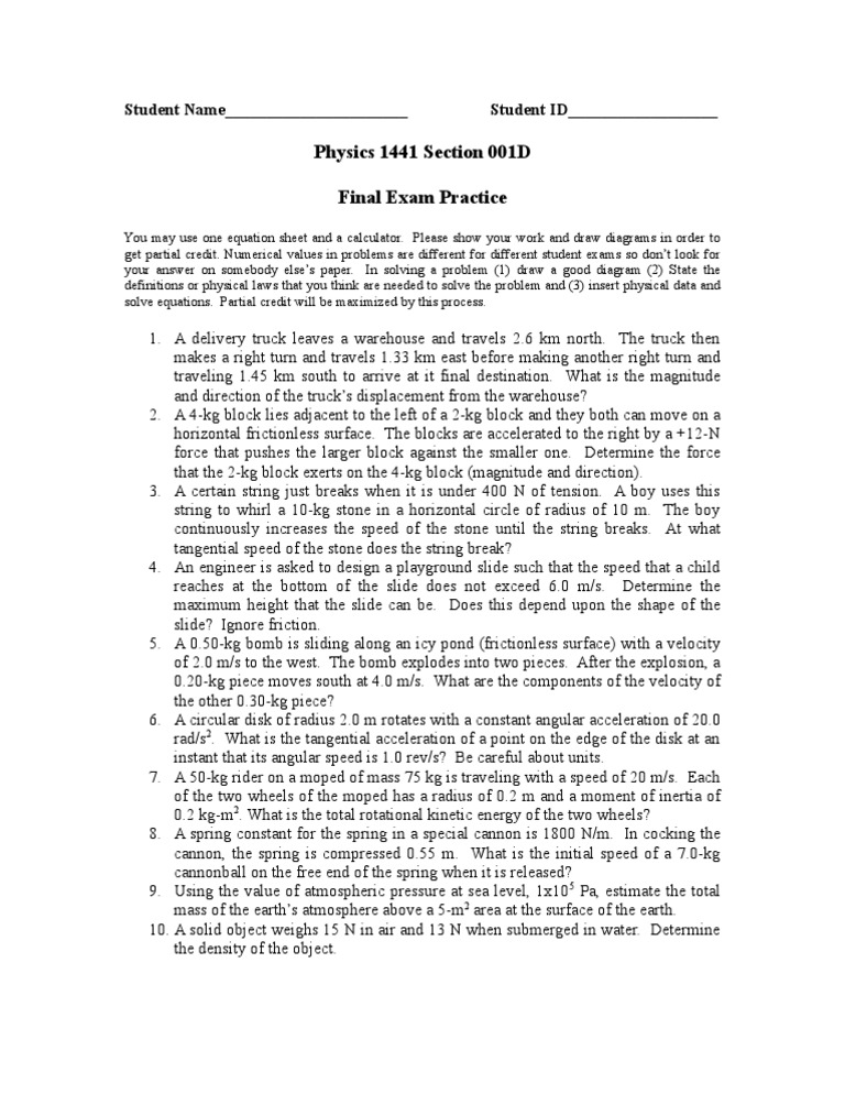 Physics 1441 Final Exam Practice Problems | PDF | Speed | Friction
