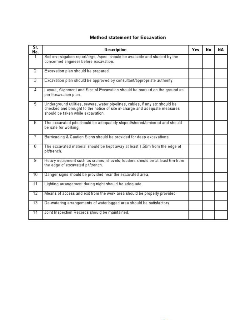 Method Statement For Excavation | PDF | Home & Garden | Technology ...