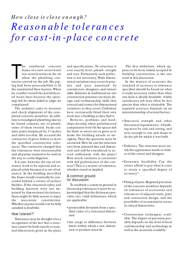 Reasonable Tolerances For Cast-In-Place Concrete - tcm45-345550 | PDF ...