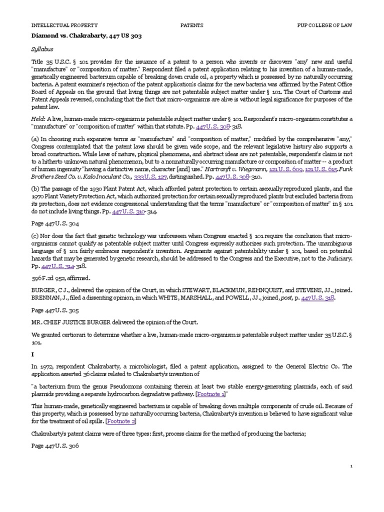 Syllabus: Diamond vs. Chakrabarty, 447 US 303 | PDF | Patent | Patent ...