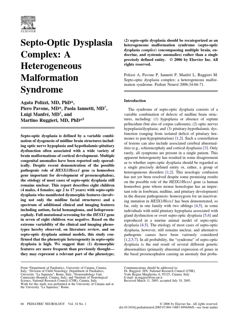 SOD CompSepto-Optic Dysplasia Complex: A Heterogeneous Malformation ...