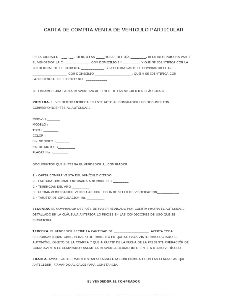 Carta de Compra Venta de Vehiculo Particular | PDF