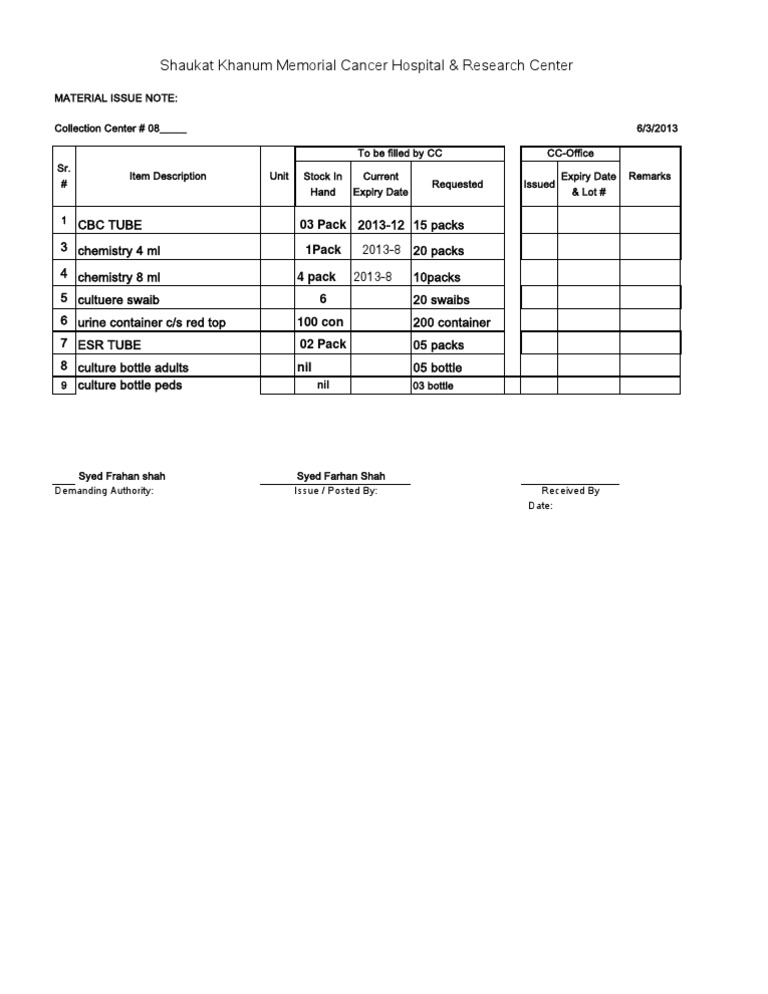 Material Issue Note for Shaukat Khanum | PDF | Wellness