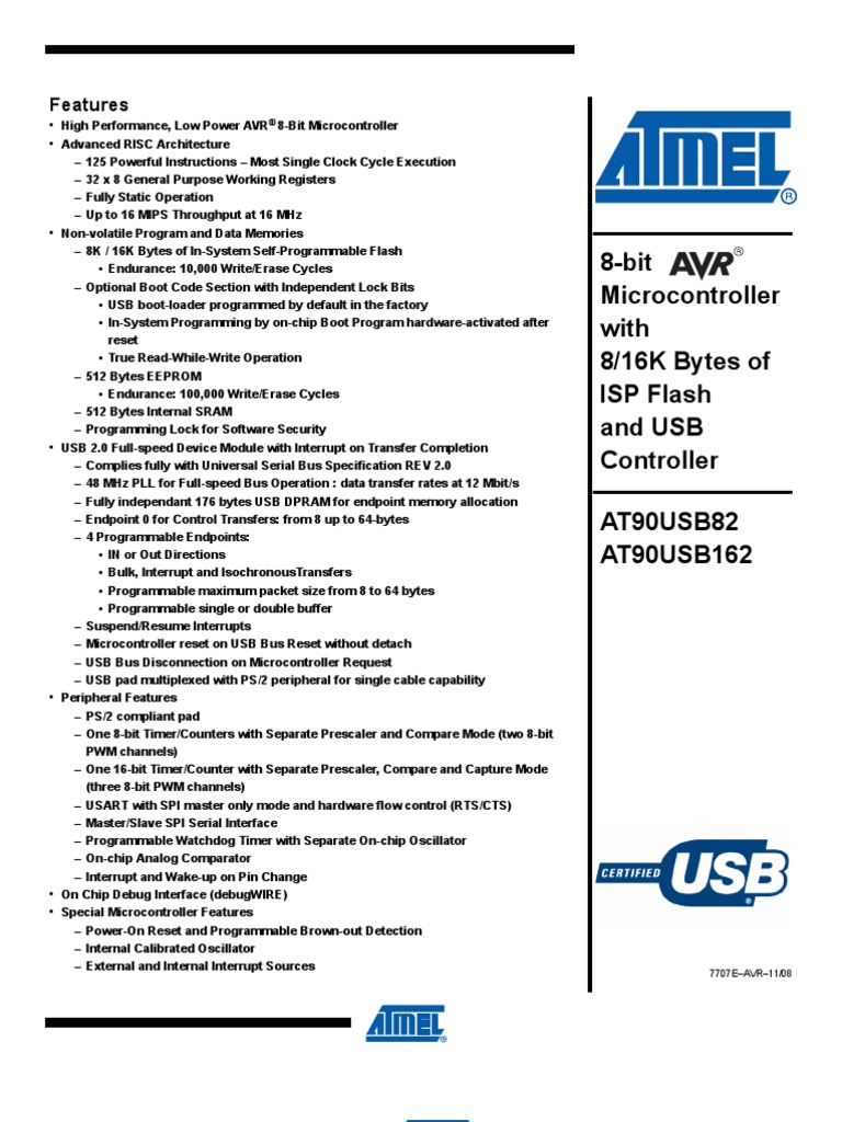 Ateml AT90USB162 Datasheet | PDF | Microcontroller | Usb