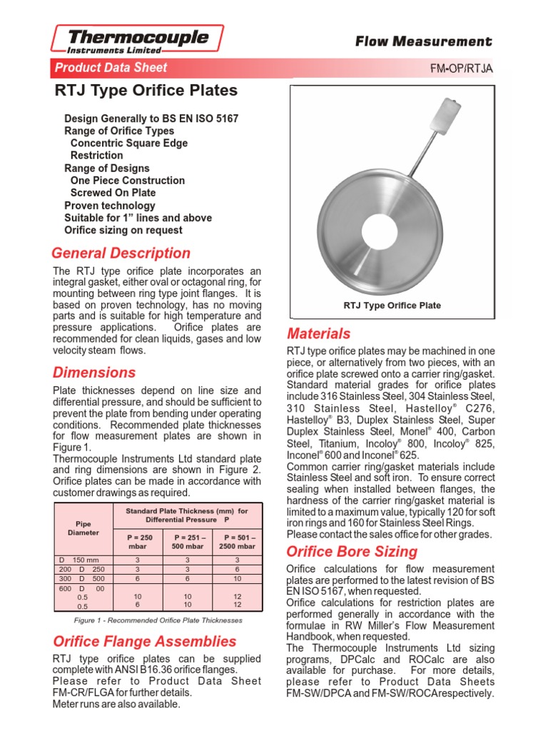 RTJ Type Orifice Plates: General Description | PDF | Flow Measurement ...