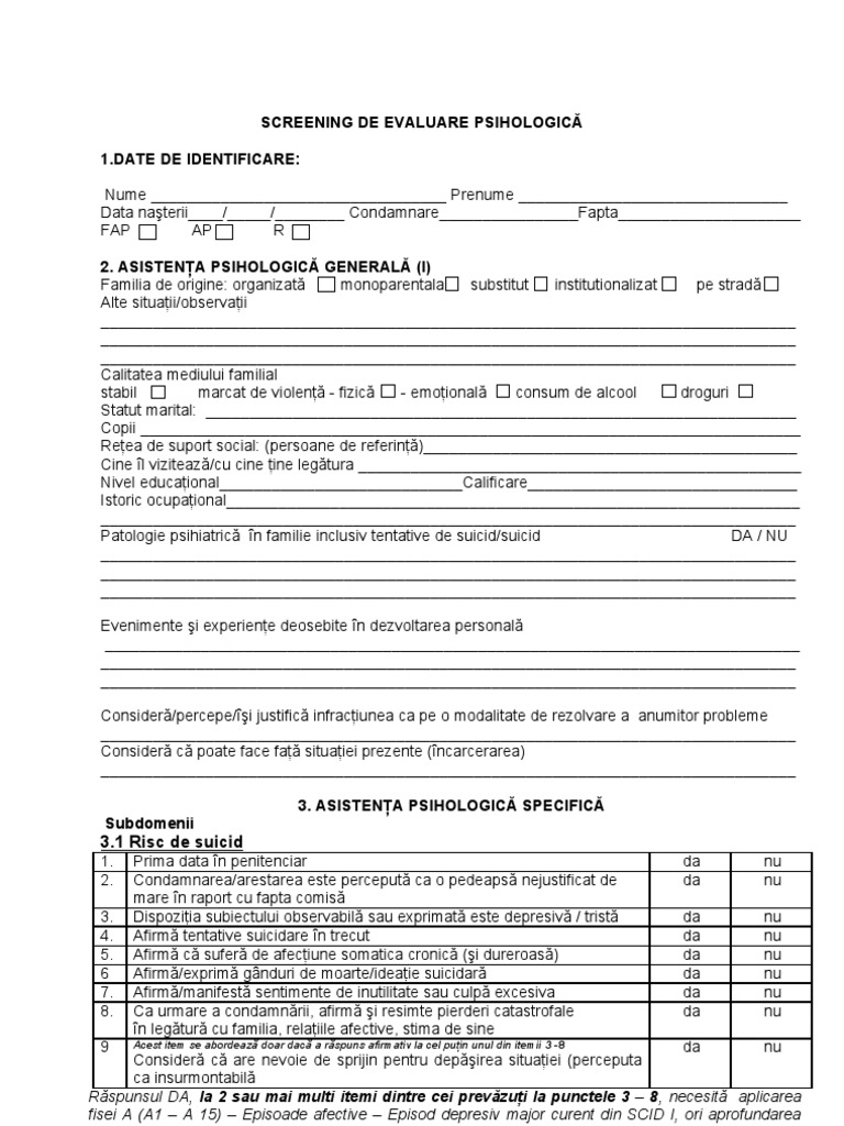SCREENING Evaluare Psihologica | PDF