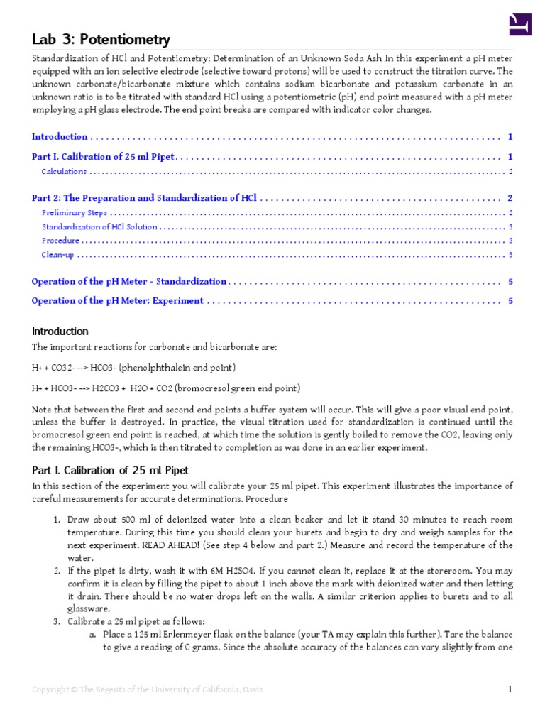 Lab 3 - Potentiometry | PDF | Ph | Bicarbonate