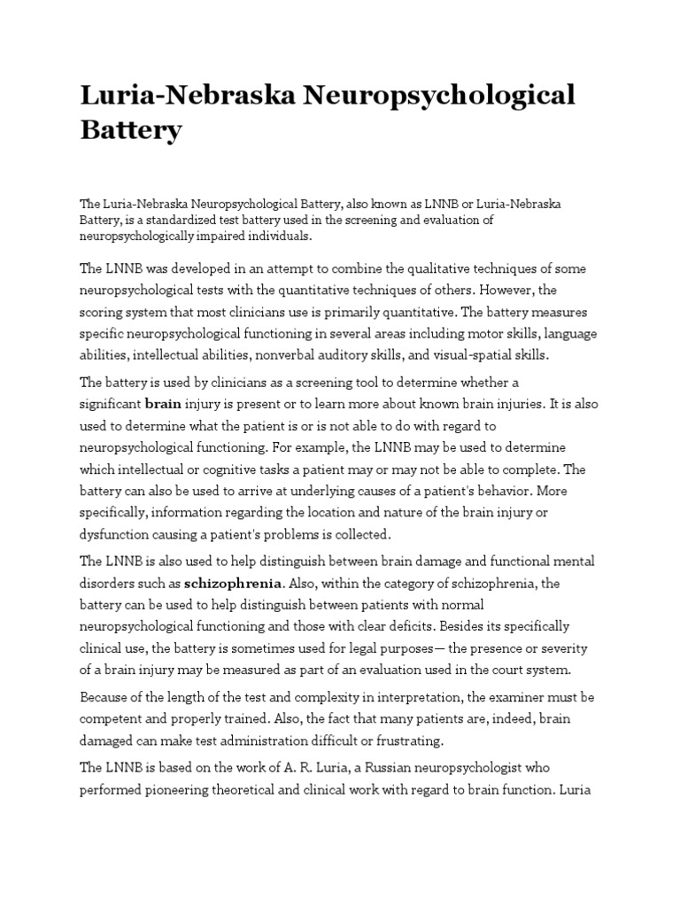 Luria-Nebraska Neuropsychological Battery | PDF | Neuropsychology ...