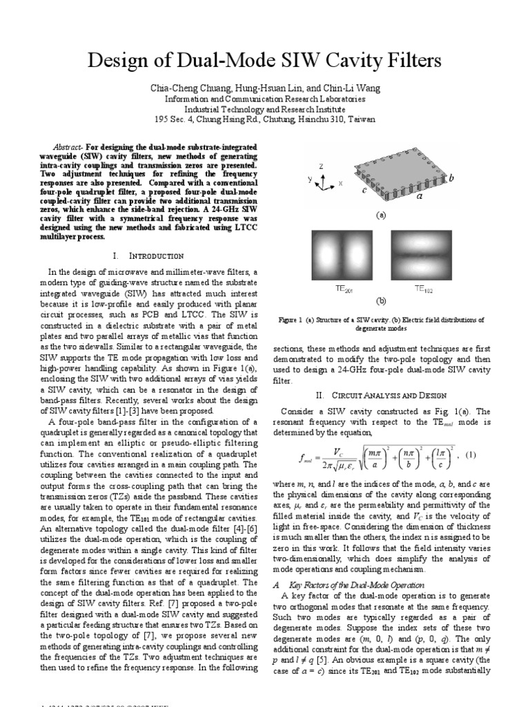 Design of Dual Mode SIW Filter PDF | PDF | Electronic Filter | Resonance