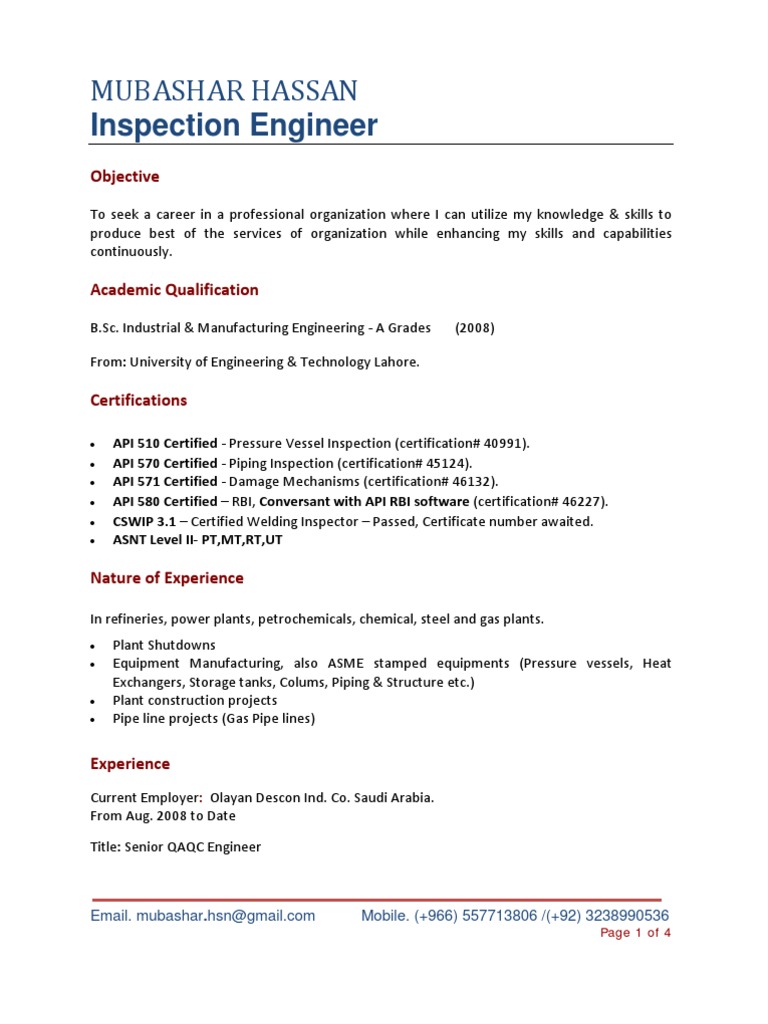 CV Inspection Engineer PDF | PDF | Welding | Construction